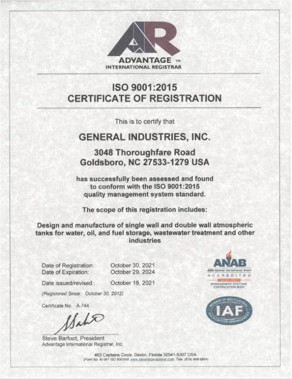 Certificate - General Industries, Inc.